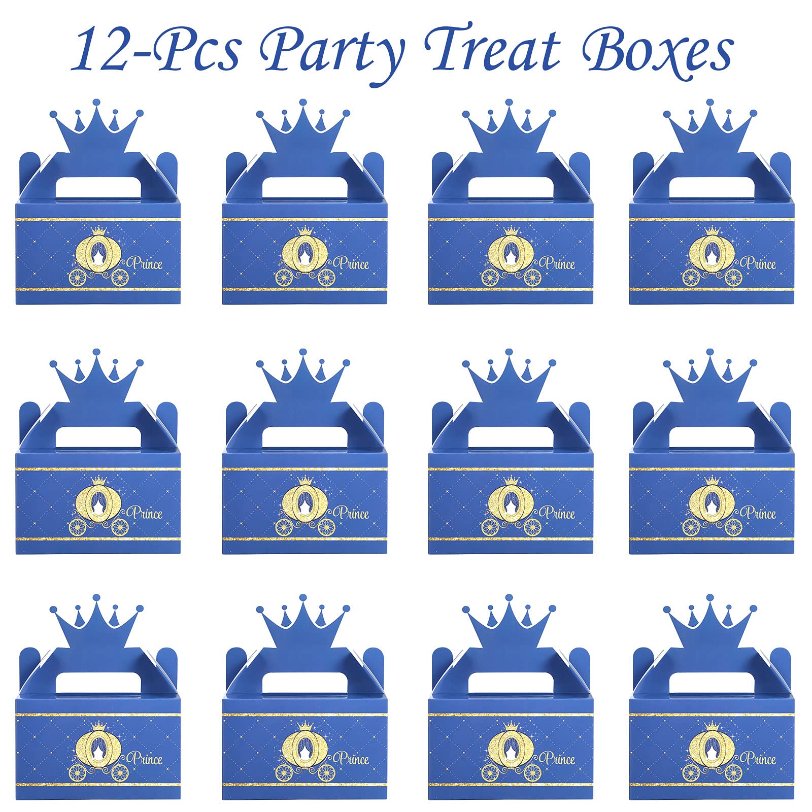 12 Pieces Little Prince Party Box Prince Crown Treat Box Blue and Gold Prince Party Candy Goodies Box Prince Theme Party Supplies for Baby Shower Boy Birthday Party Decorations, 5.95 x 3 x 7.5 Inches