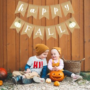 Cmaone Happy Fall Burlap Banner White Pumpkin Garland Harvest Home Decor Bunting Flag Party Fireplace Thanksgiving Day Decoration