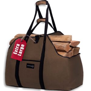 outdoor 360 firewood bag carrier - extra large wood bag for firewood-water resistant carrying bag with padded handles & a handy side pocket-24 l x19 h x12-waxed canvas log tote for home or camping