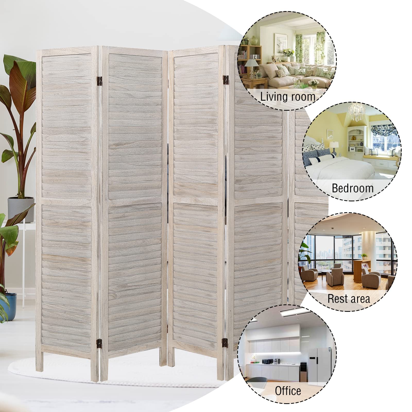 ECOMEX 6 Panel Wood Room Divider, Folding Room Divider Privacy Screen 5.6Ft Tall, Freestanding Louvered Divider Screen for Home Office Restaurant Bedroom(White)