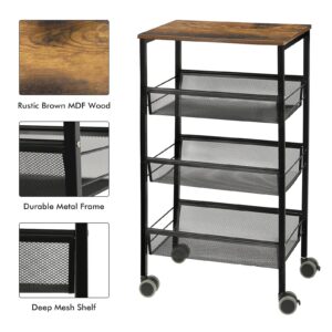 SEHERTIWY Kitchen Storage Rolling Cart, 4-Tier Kitchen Island Cart on Wheels with Wooden Shelves, Lockable Utility Cart with Mesh Baskets for Narrow Space on Dining Room Bathroom，Black