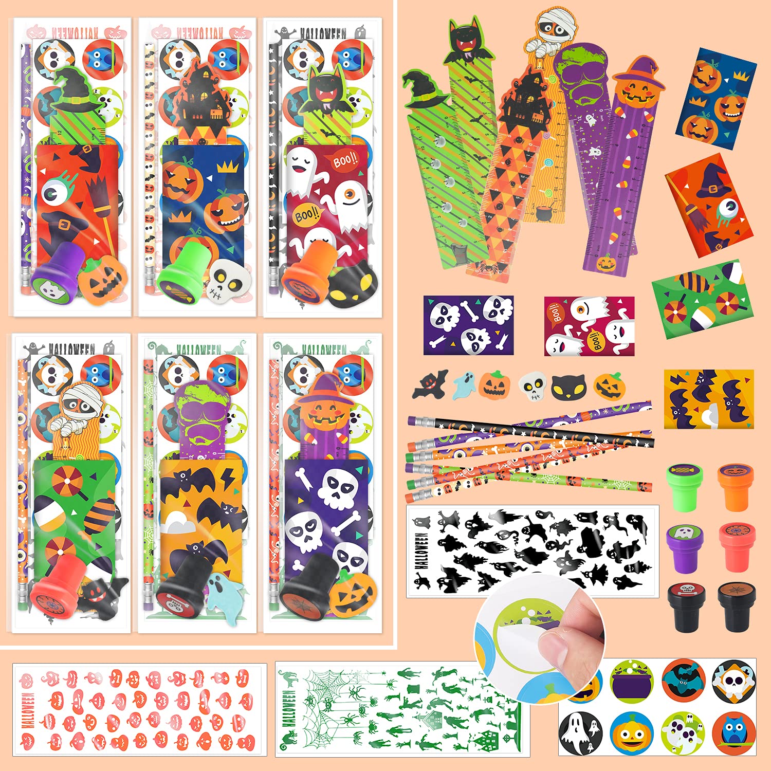 Shemira Halloween Party Favors for Kids,168pcs Halloween Stationery gift kit,Halloween Miniatures Prizes,Trick or Treating Goodie Bag Fillers including Notepad,Stamper,Sticker,Pencil,Eraser,Ruler