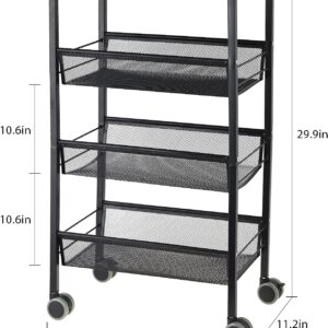 SEHERTIWY Kitchen Storage Rolling Cart, 4-Tier Kitchen Island Cart on Wheels with Wooden Shelves, Lockable Utility Cart with Mesh Baskets for Narrow Space on Dining Room Bathroom，Black