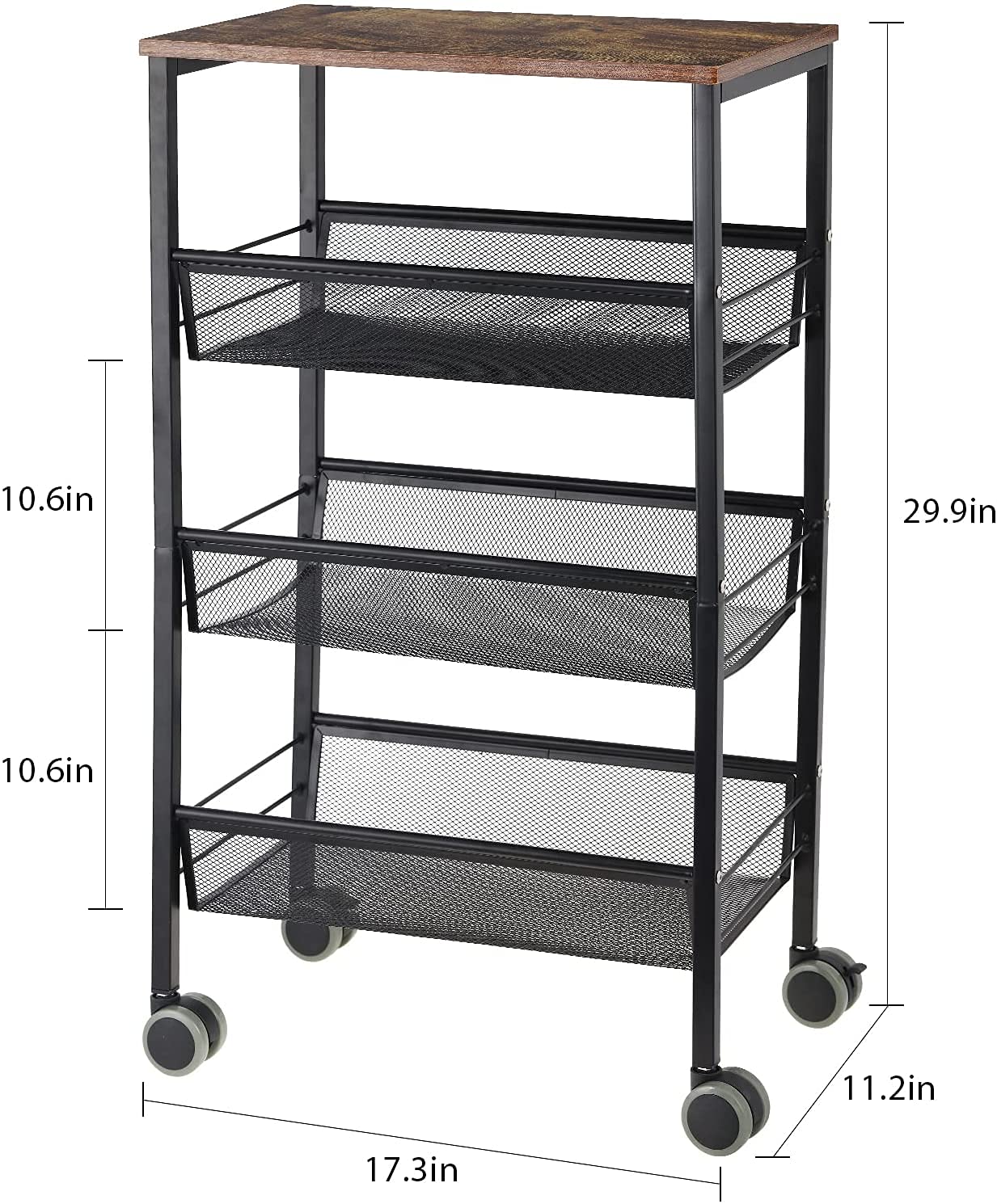 SEHERTIWY Kitchen Storage Rolling Cart, 4-Tier Kitchen Island Cart on Wheels with Wooden Shelves, Lockable Utility Cart with Mesh Baskets for Narrow Space on Dining Room Bathroom，Black