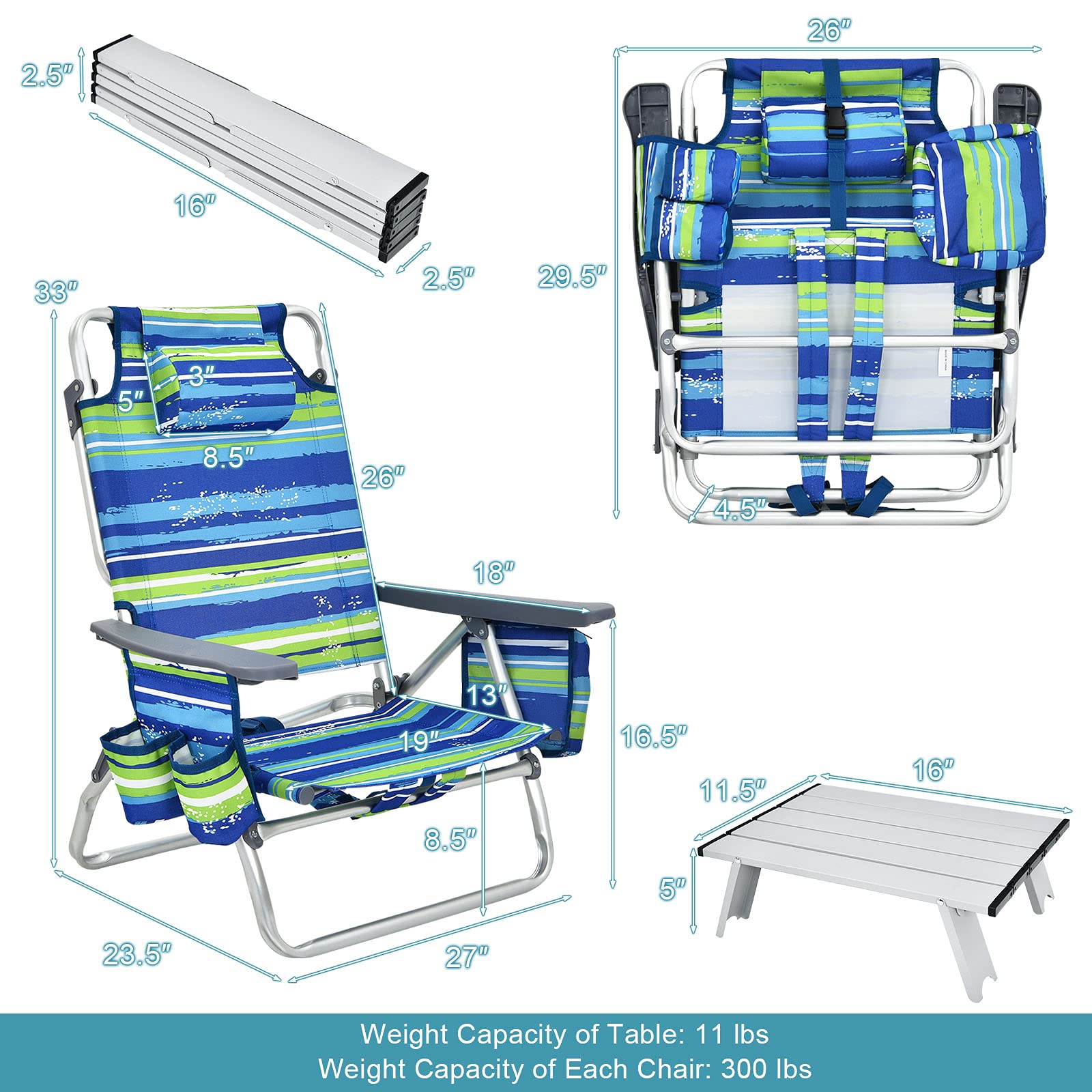 GYMAX Beach Chairs, 2-Pack Backpack Camping Chair with Armrest, Cooler Bag, Cup Holder, Towel Bar & Side Pockets, Sunbath Sling Tanning Lounge, Folding Layout Chairs (Blue Strip, with Table)