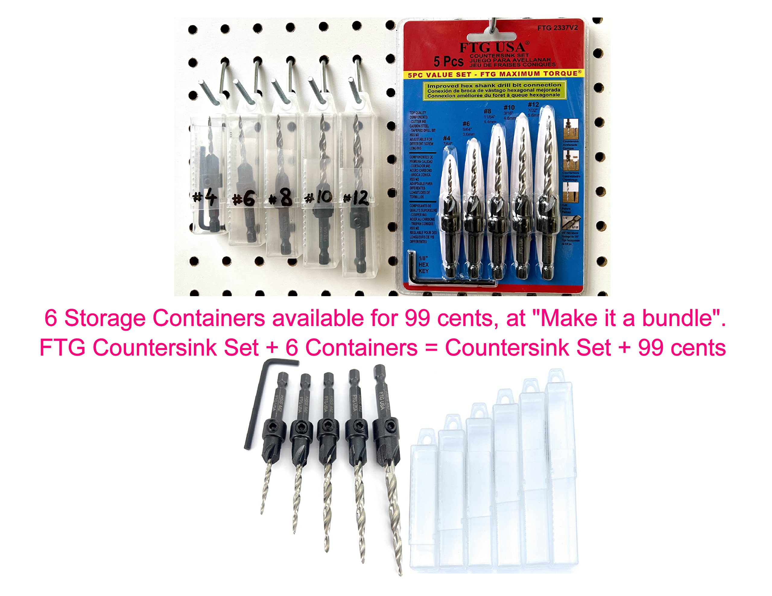 FTG USA Adjustable Wood Countersink Drill Bit Set 5 Pc Countersink Drill Bit #4#6#8#10#12 Tapered Drill Bits for Woodworking