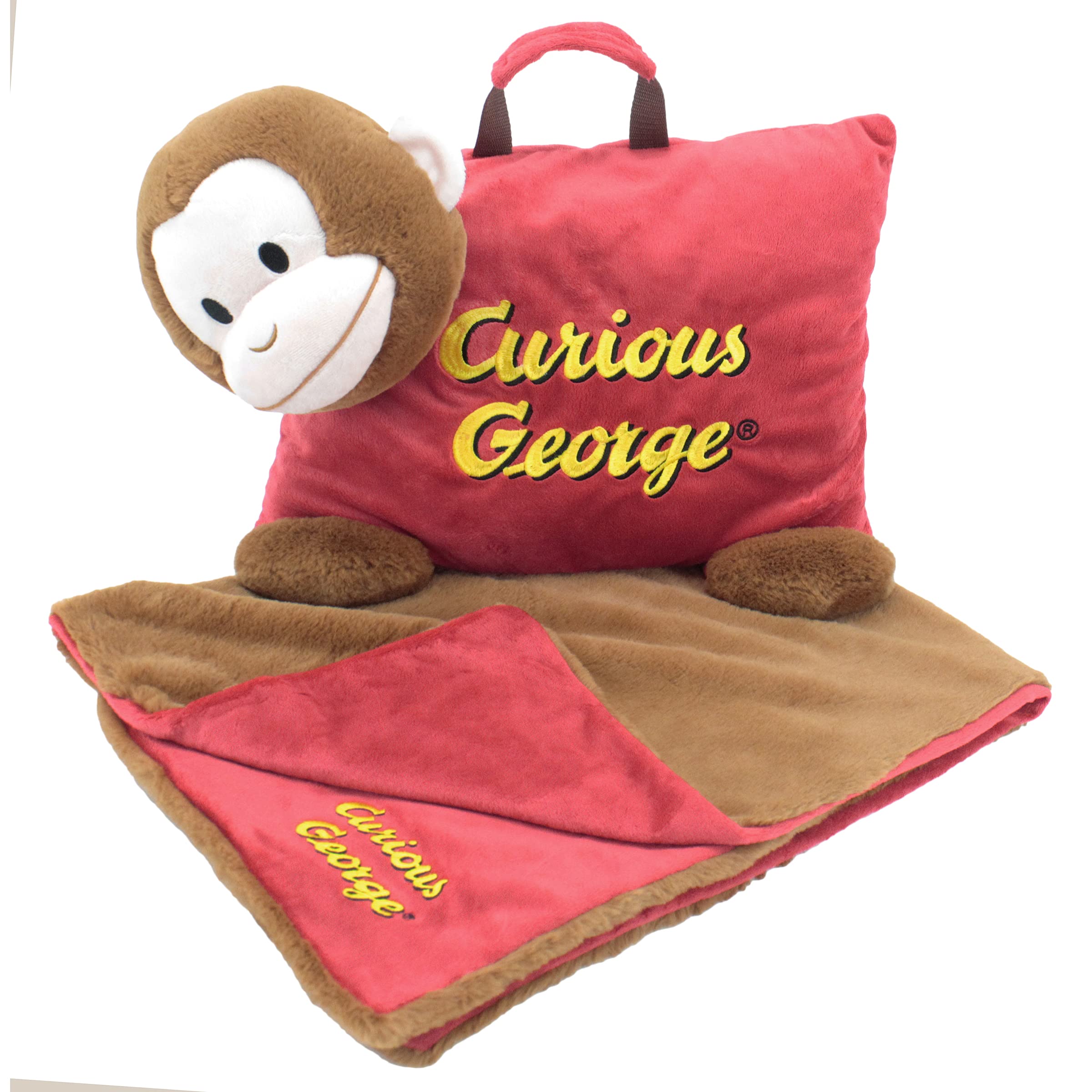 Animal Adventure®| Curious George®|Character Cuddle Combos™| 2-in-1 Stow-n-Throw Cuddle Bud with Carrying Handle & Zipper Pouch for Blanket Storage Set –29" W x 40" H Blanket