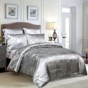 Dencalleus Bedding Satin Jacquard Comforters Covers Sets (NO Comforter) 3 Piece Floral Silk Like Luxury Duvet Cover Set Ultra Soft King Size Zipper Closure and 2 Pillow Shams Silver Grey