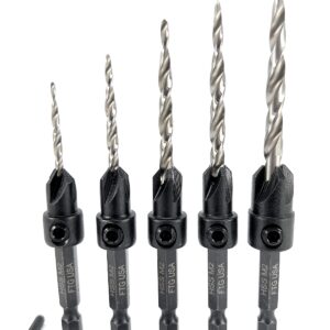 FTG USA Adjustable Wood Countersink Drill Bit Set 5 Pc Countersink Drill Bit #4#6#8#10#12 Tapered Drill Bits for Woodworking