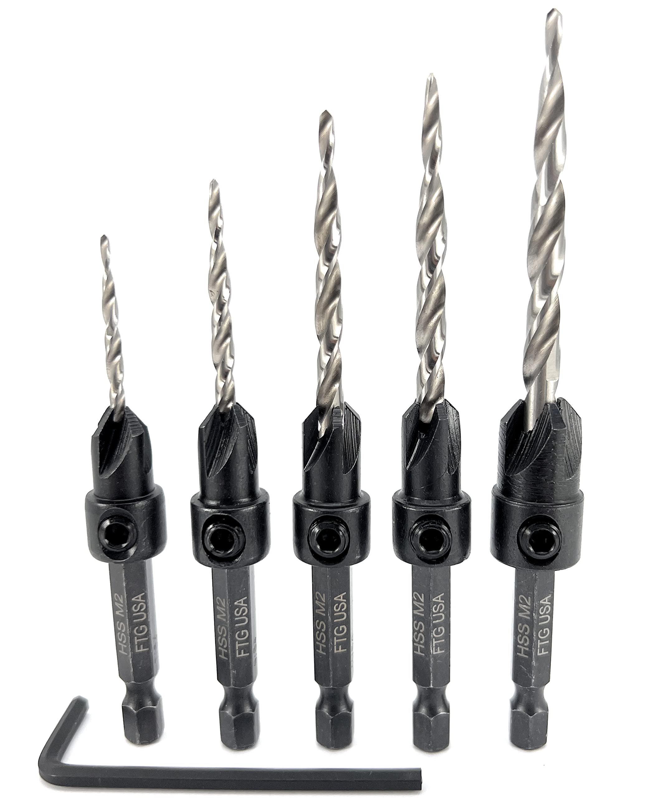 FTG USA Adjustable Wood Countersink Drill Bit Set 5 Pc Countersink Drill Bit #4#6#8#10#12 Tapered Drill Bits for Woodworking