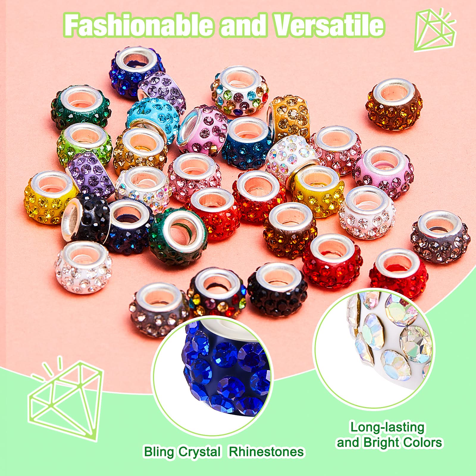 Junkin 120 Pieces Large Hole Beads Rhinestone European Beads for Pens Making Bulk 11mm Crystal Charm Spacer Beads for Beadable Pens Jewelry Making Supplies DIY Crafts Bracelet(Multicolor)