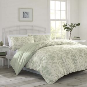 Laura Ashley Home - Queen Duvet Cover Set, Reversible Cotton Bedding, Includes Matching Shams with Bonus Euro Shams & Throw Pillows (Natalie Green, Queen)