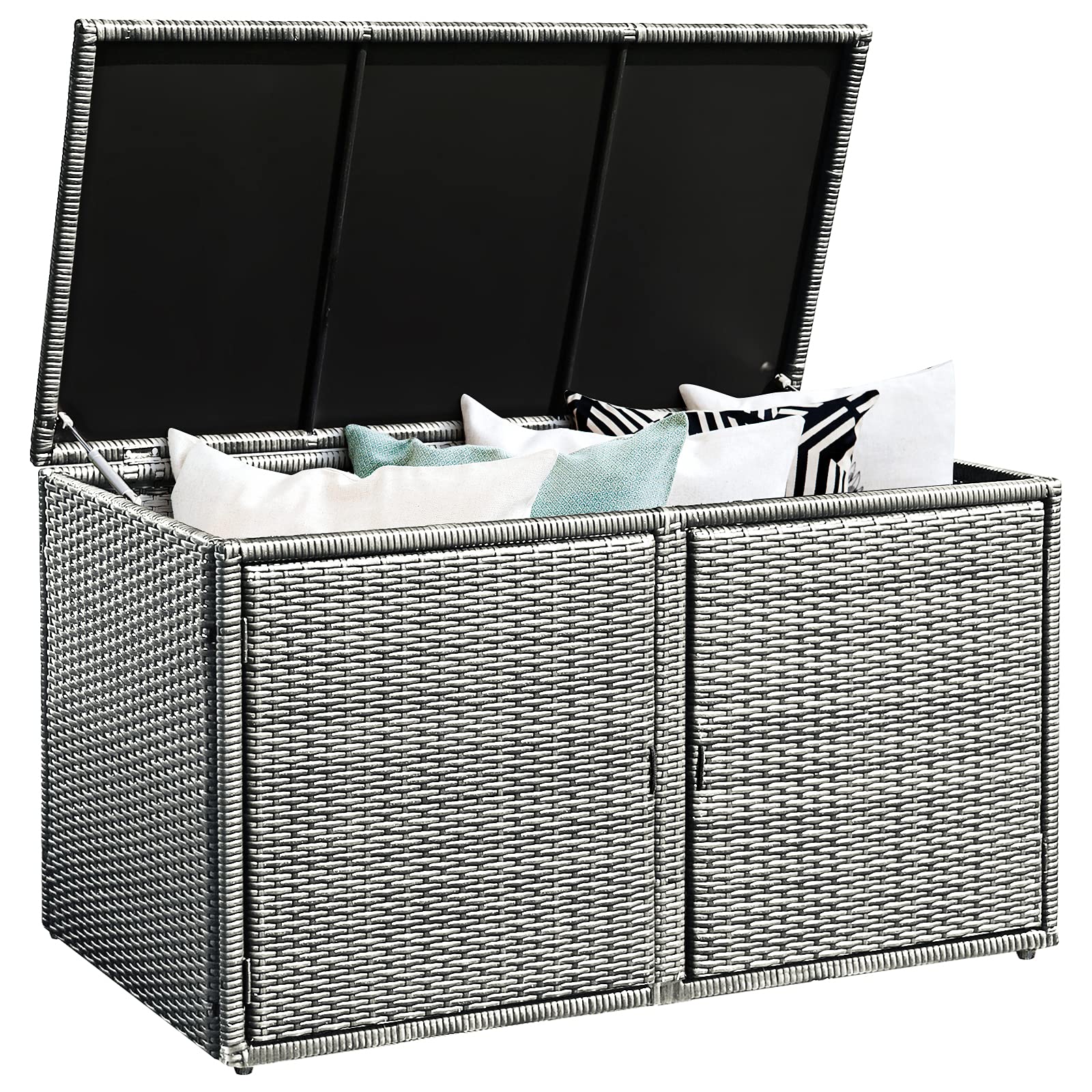 DORTALA Storage Box Patio Wicker Storage Bin Deck Box Cabinet w/Steel Frame, Deck Storage Container w/88 Gallon Capacity and Shelf for Furniture Tools in Garden Balcony Porch Yard, Gray