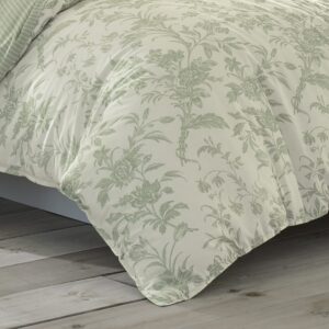 Laura Ashley Home - Queen Duvet Cover Set, Reversible Cotton Bedding, Includes Matching Shams with Bonus Euro Shams & Throw Pillows (Natalie Green, Queen)