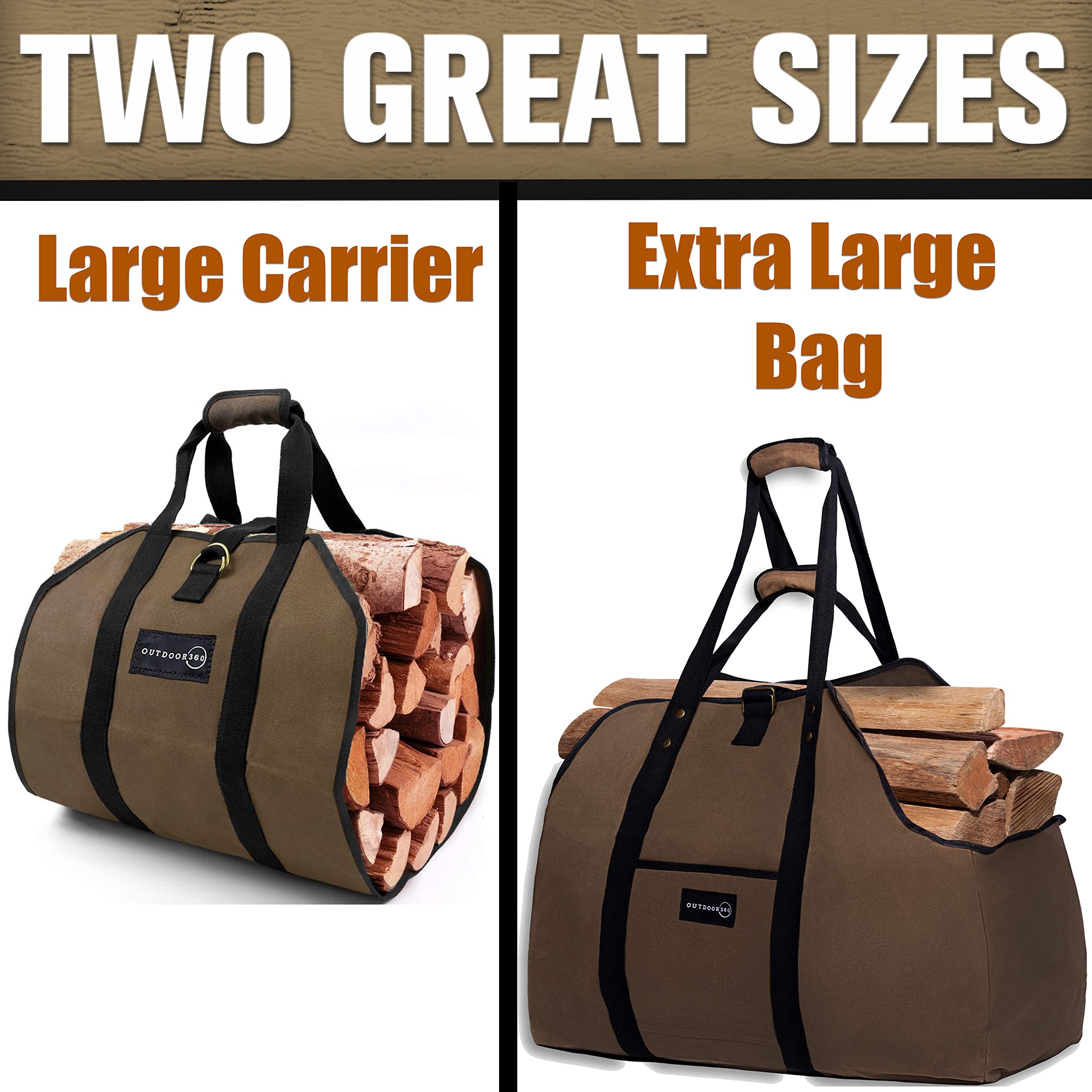 Outdoor 360 Firewood Bag Carrier - Extra Large Wood Bag for Firewood-Water Resistant Carrying Bag with Padded Handles & A Handy Side Pocket-24 L x19 H x12-Waxed Canvas Log Tote for Home or Camping