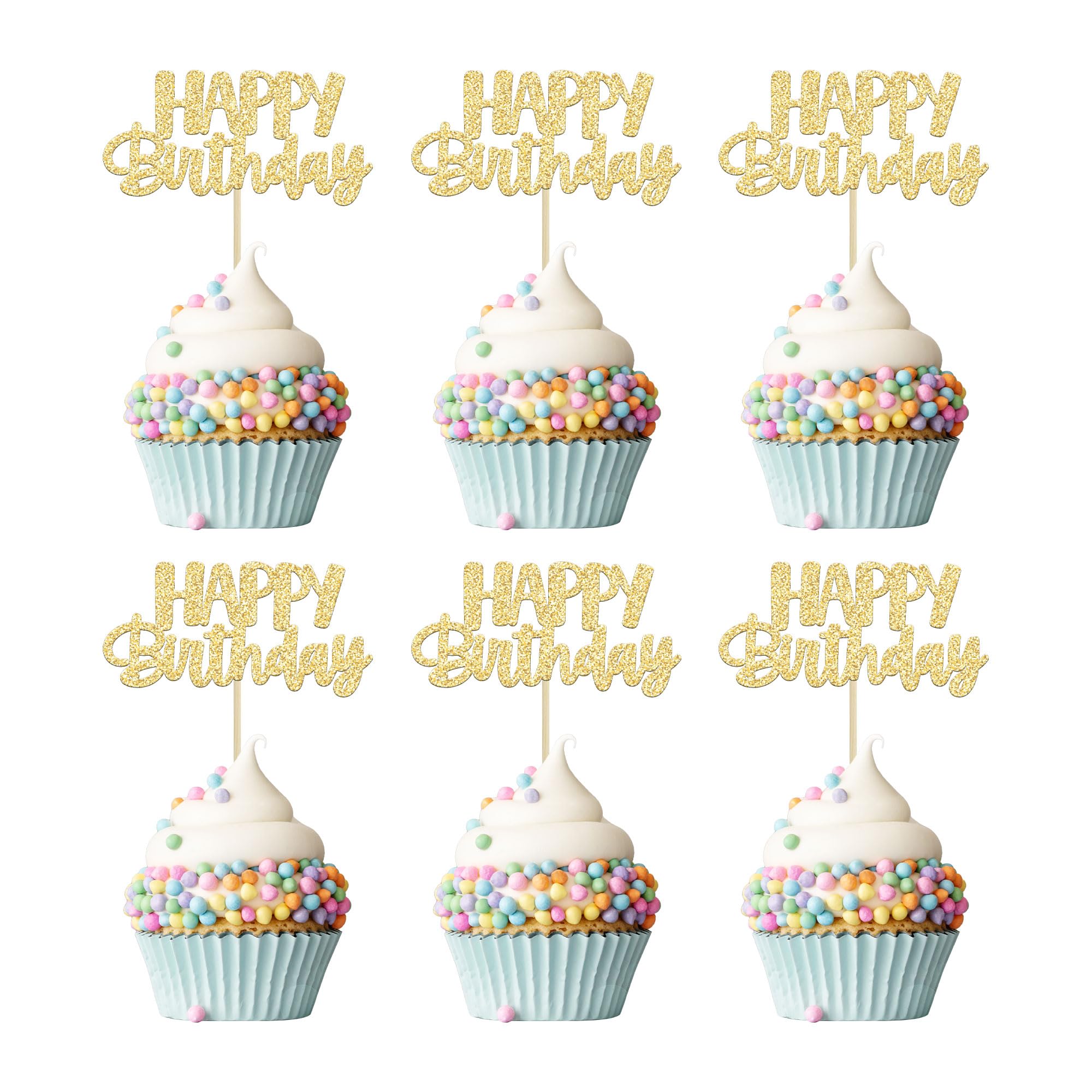 Gyufise 24Pcs Happy Birthday Cupcake Toppers Gold Glitter Celebrating Birthday Cake Picks Baby Shower Kids Birthday Party Decoration Supplies