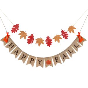 happy fall burlap banner, fall decor for home, banner garland maple leaf sign, autumn party decorations thanksgiving fall harvest decor for mantle fireplace wall wreath, pumpkin décor – 2pc