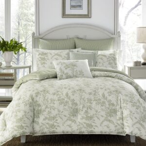 laura ashley home - queen duvet cover set, reversible cotton bedding, includes matching shams with bonus euro shams & throw pillows (natalie green, queen)