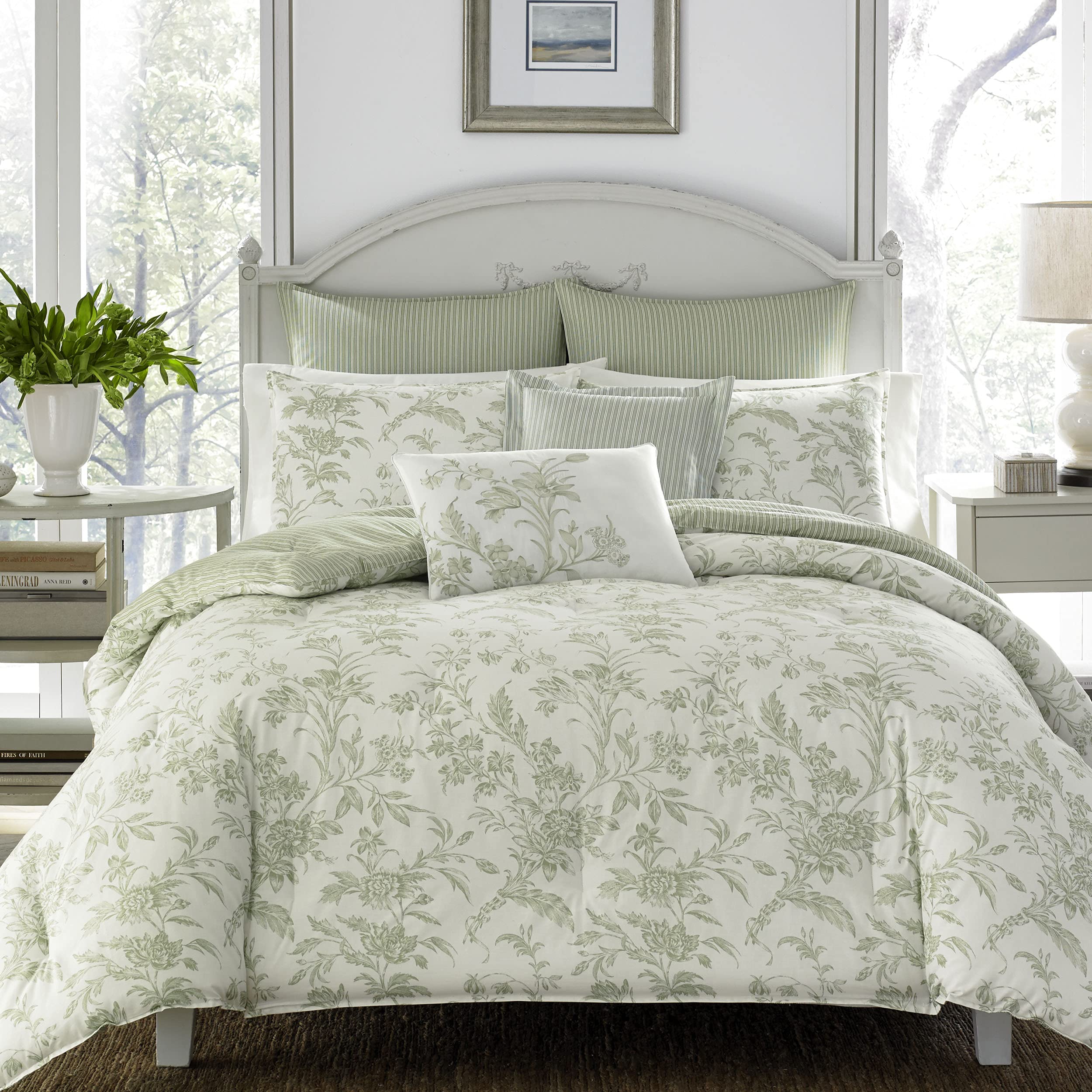 Laura Ashley Home - Queen Duvet Cover Set, Reversible Cotton Bedding, Includes Matching Shams with Bonus Euro Shams & Throw Pillows (Natalie Green, Queen)