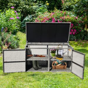 DORTALA Storage Box Patio Wicker Storage Bin Deck Box Cabinet w/Steel Frame, Deck Storage Container w/88 Gallon Capacity and Shelf for Furniture Tools in Garden Balcony Porch Yard, Gray