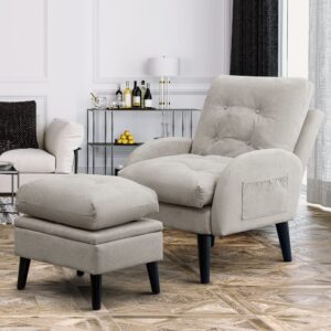 eluchang accent chairs with ottoman, upholstered comfy armchair with adjustable backrest&storage footrest, lazy chair reading chair leisure sofa recliner for living room bedroom (light grey - linen)