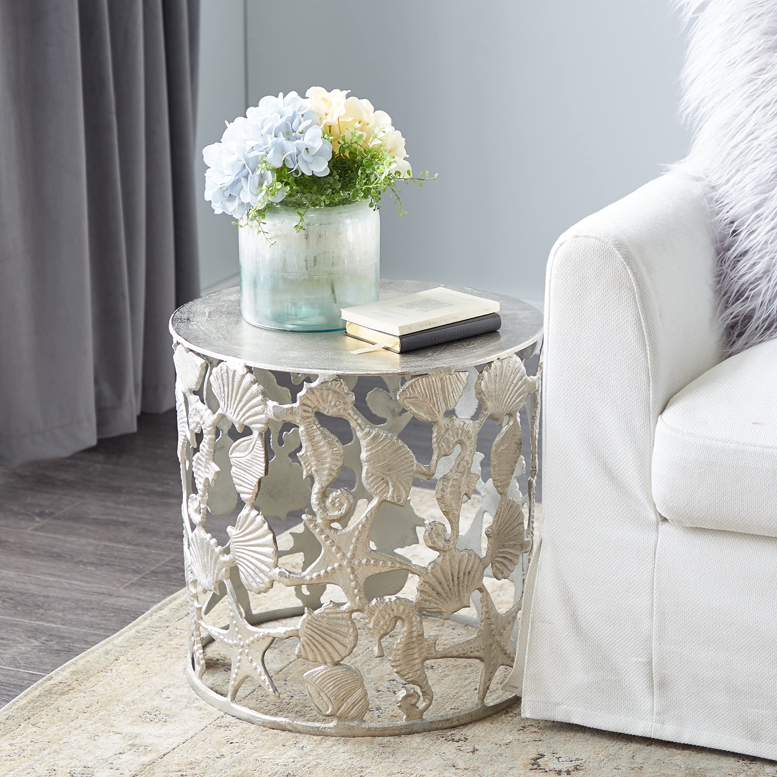 Deco 79 Aluminum Metal Sea Life Side End Accent Table End Table, Side Table 18" x 18" x 18", Silver