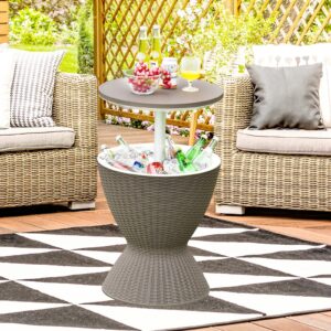 Tangkula Outdoor Cool Bar Table, Rattan Style Patio 8 Gallon Beer and Wine Cooler, All-Weather Ice Bucket w/Height Adjustable Top, Drainage Plug, 3-in-1 Cocktail Coffee Table for Party, Pool (Coffee)