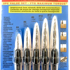 FTG USA Adjustable Wood Countersink Drill Bit Set 5 Pc Countersink Drill Bit #4#6#8#10#12 Tapered Drill Bits for Woodworking