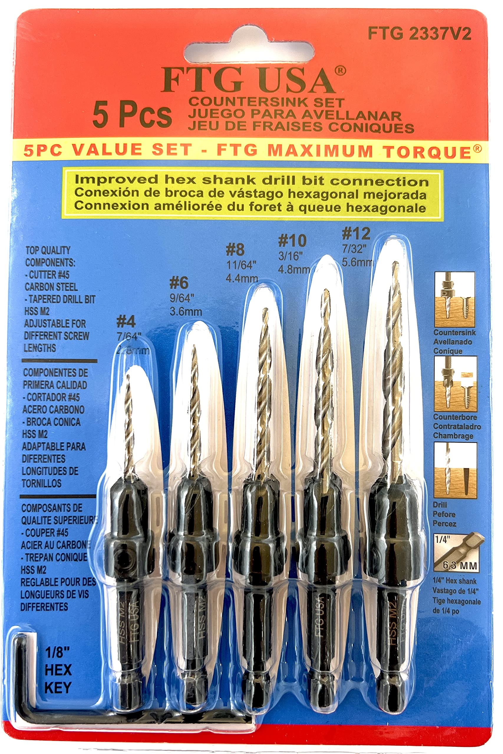 FTG USA Adjustable Wood Countersink Drill Bit Set 5 Pc Countersink Drill Bit #4#6#8#10#12 Tapered Drill Bits for Woodworking