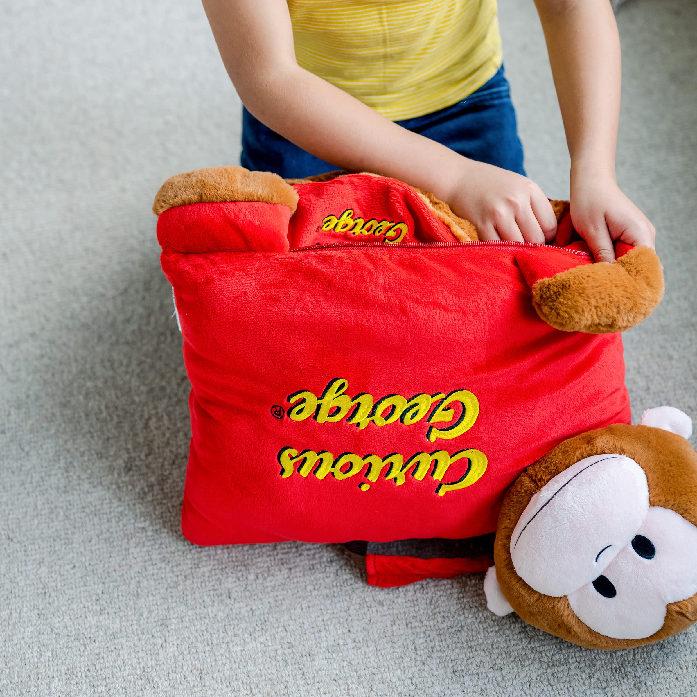 Animal Adventure®| Curious George®|Character Cuddle Combos™| 2-in-1 Stow-n-Throw Cuddle Bud with Carrying Handle & Zipper Pouch for Blanket Storage Set –29" W x 40" H Blanket