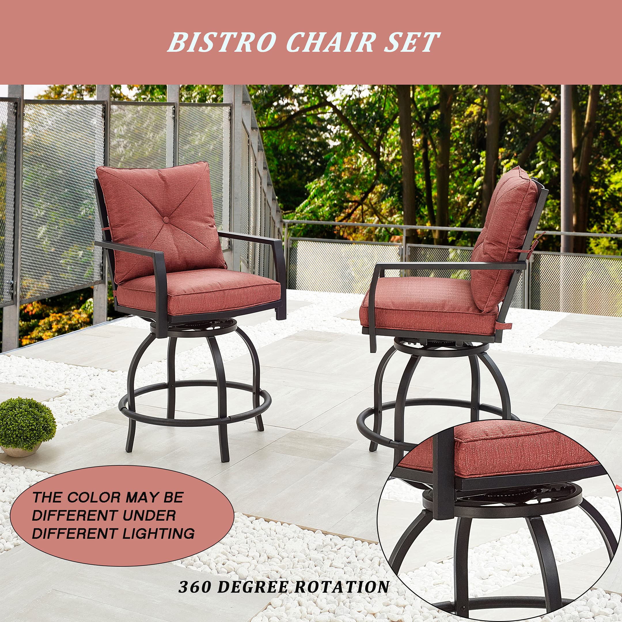 LOKATSE HOME 2 Pieces Outdoor Swivel Chair Set Patio Bar Bistro Furniture Metal Height Stools with Cushion, Red