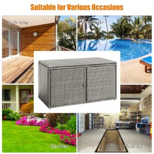 DORTALA Storage Box Patio Wicker Storage Bin Deck Box Cabinet w/Steel Frame, Deck Storage Container w/88 Gallon Capacity and Shelf for Furniture Tools in Garden Balcony Porch Yard, Gray