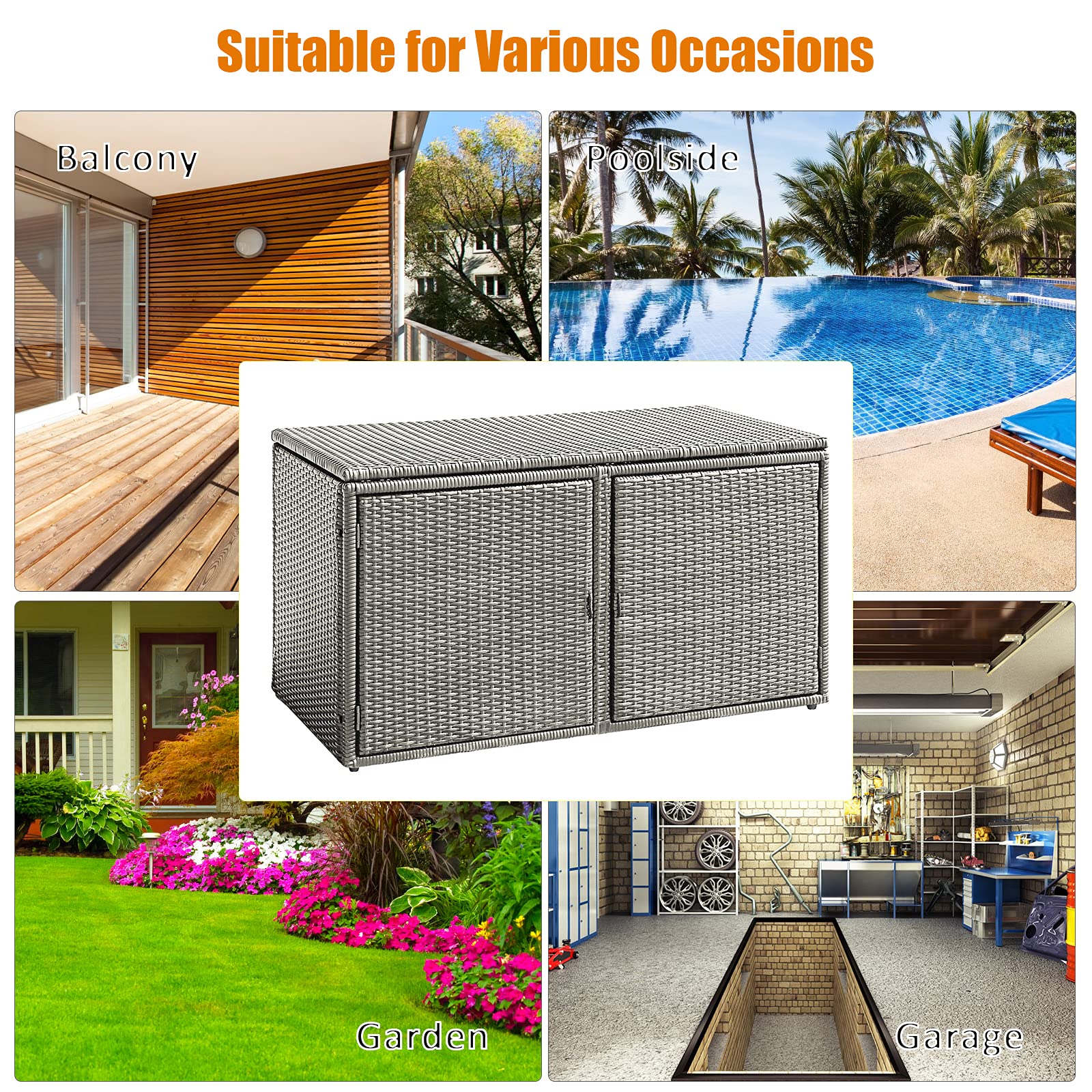 DORTALA Storage Box Patio Wicker Storage Bin Deck Box Cabinet w/Steel Frame, Deck Storage Container w/88 Gallon Capacity and Shelf for Furniture Tools in Garden Balcony Porch Yard, Gray