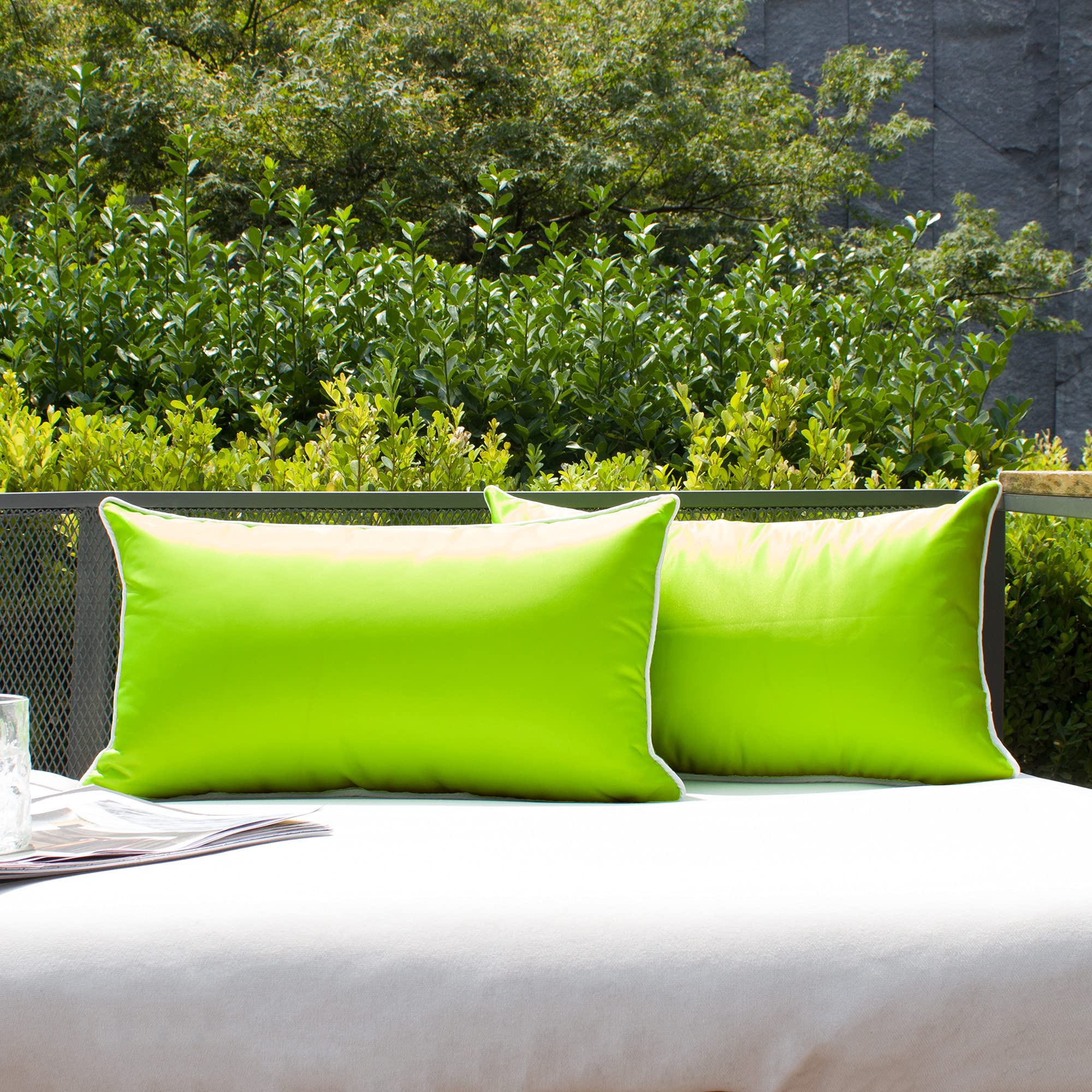 Kevin Textile Patio Furniture Pillows Outdoor Waterproof Pillow Covers with White Piping for Garden Couch, 2 Pieces, 12"x20", Green