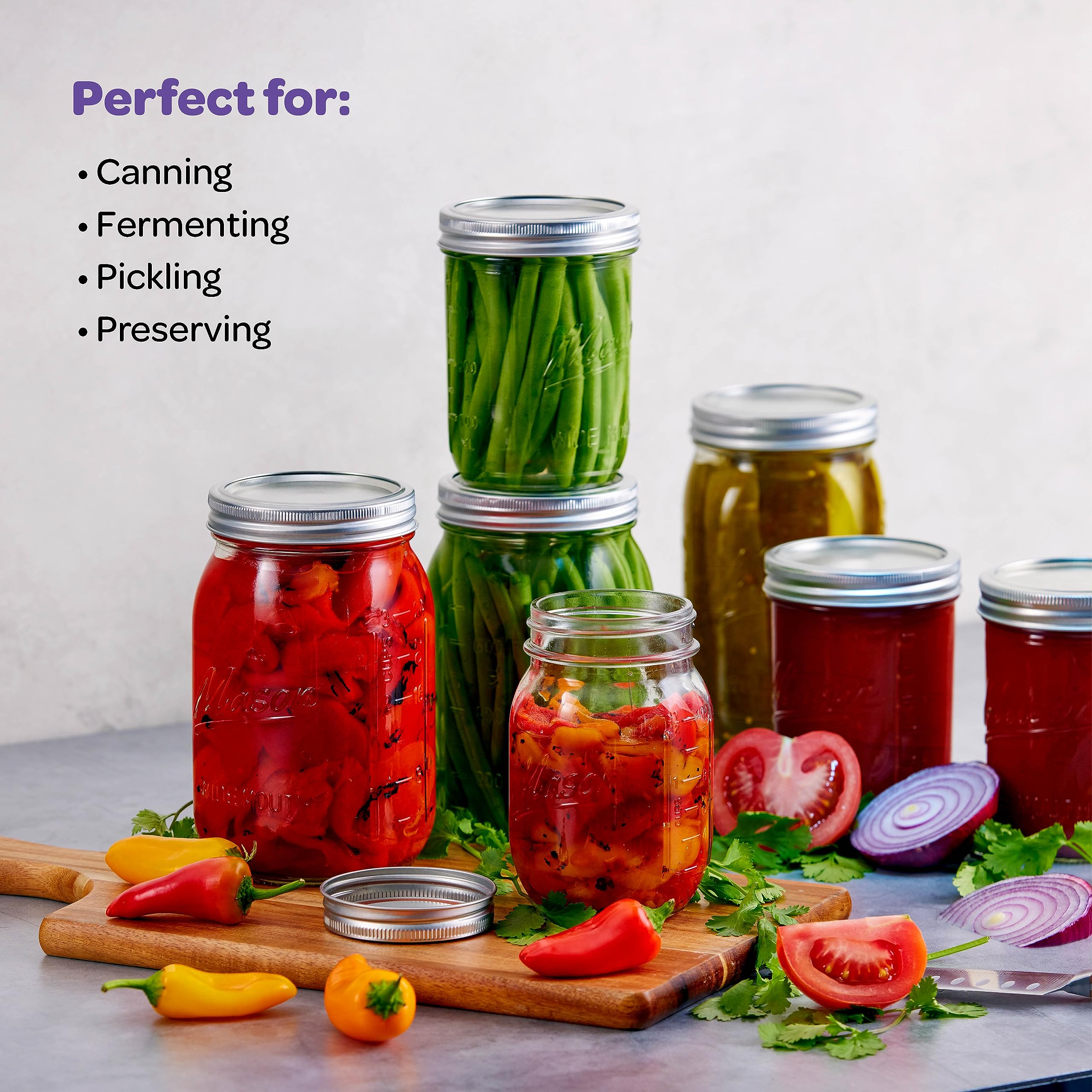 SEWANTA Wide Mouth Mason Jars 32 oz [4 Pack] With mason jar lids and Bands, mason jars 32 oz - For Canning, Fermenting, Pickling - Jar Decor - Microwave/Freeze/Dishwasher Safe.