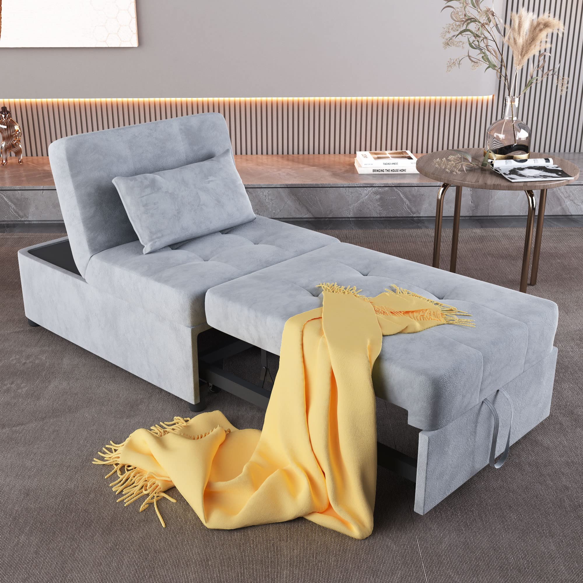 NOSGA Sofa Bed, 4 in 1 Multi Function, Liner Fabric Folding Ottoman Sofa Bed, Convertible Sleeper Chaise Lounge Chair, Single Sofa Bed for Living Room Small Apartment (Gray)