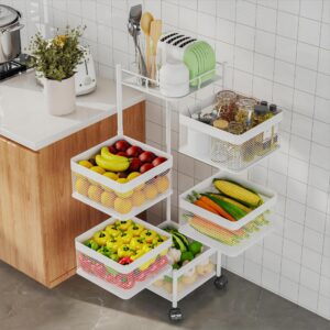 xinyourui fruit basket for kitchen no assembly,rotating kitchen storage rack,bathroom shelf, organizers and storage cart on rolling wheels，potato and onion storage organizer(white, 5 tier-square)