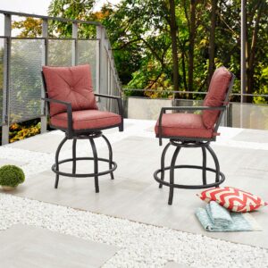 LOKATSE HOME 2 Pieces Outdoor Swivel Chair Set Patio Bar Bistro Furniture Metal Height Stools with Cushion, Red