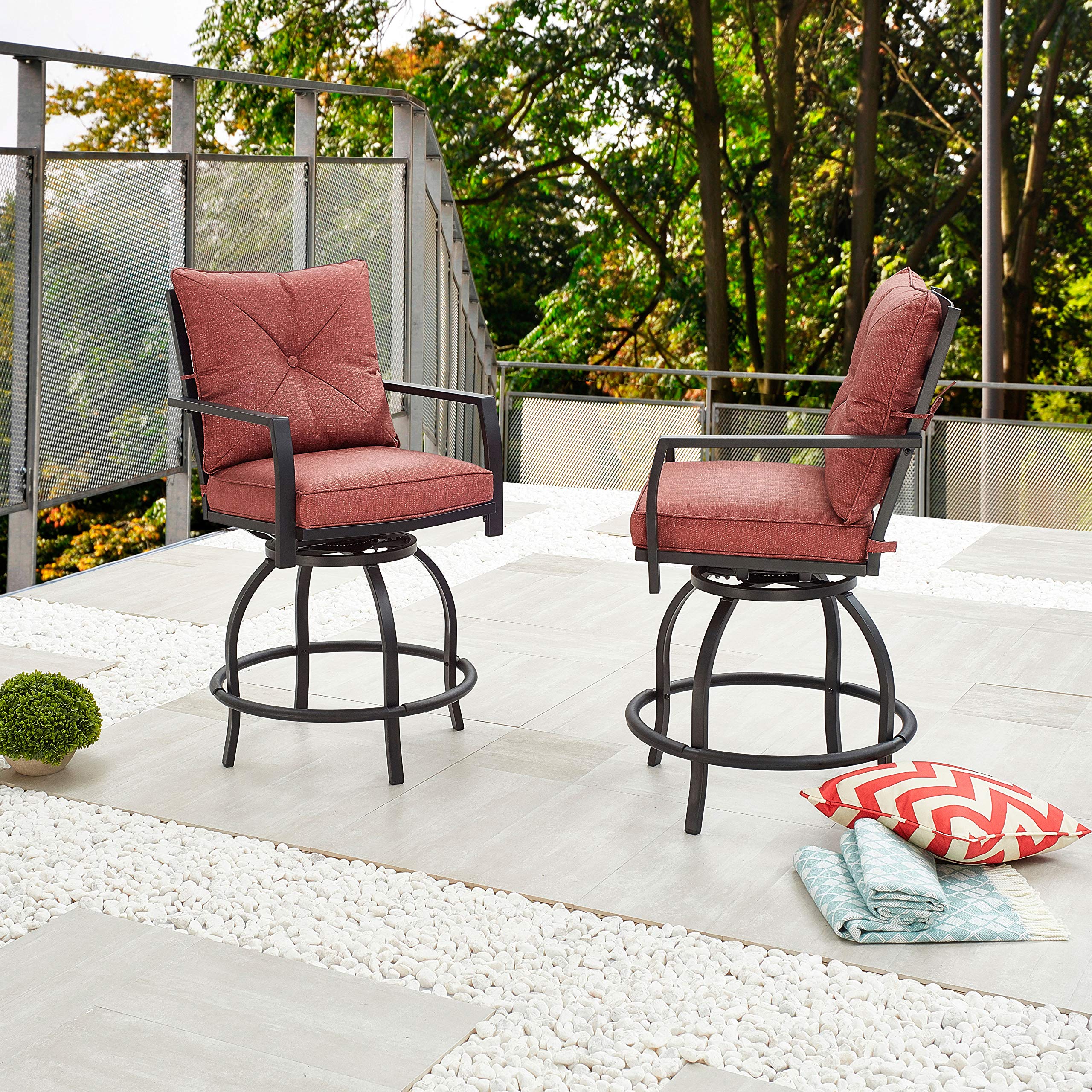 LOKATSE HOME 2 Pieces Outdoor Swivel Chair Set Patio Bar Bistro Furniture Metal Height Stools with Cushion, Red