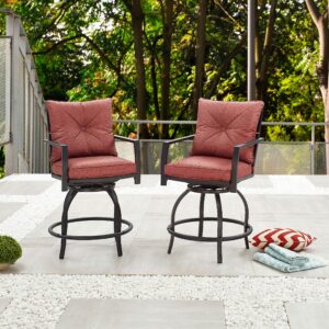 LOKATSE HOME 2 Pieces Outdoor Swivel Chair Set Patio Bar Bistro Furniture Metal Height Stools with Cushion, Red