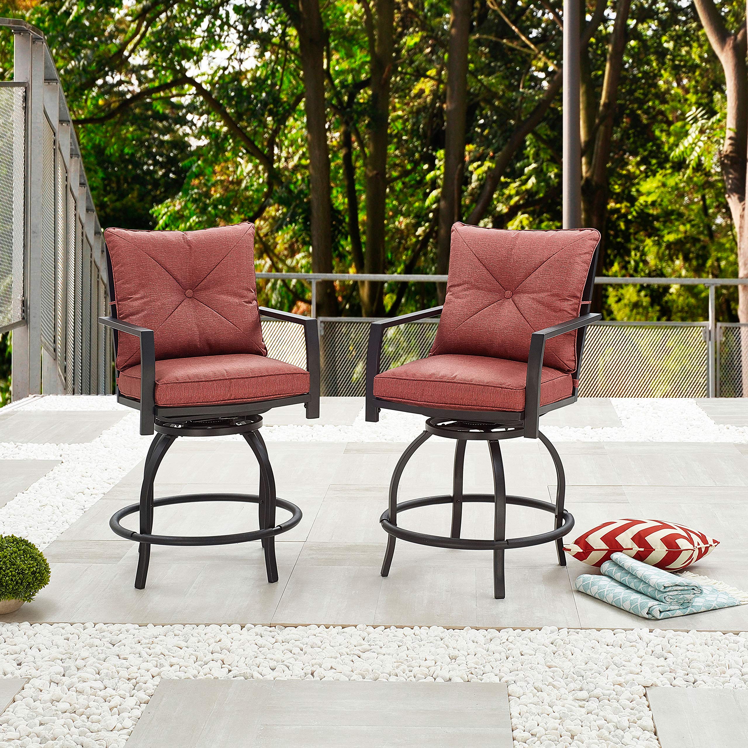 LOKATSE HOME 2 Pieces Outdoor Swivel Chair Set Patio Bar Bistro Furniture Metal Height Stools with Cushion, Red