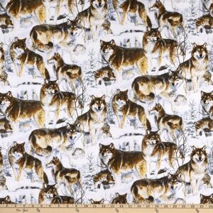 wolves in the snow grey, quilting fabric by the yard