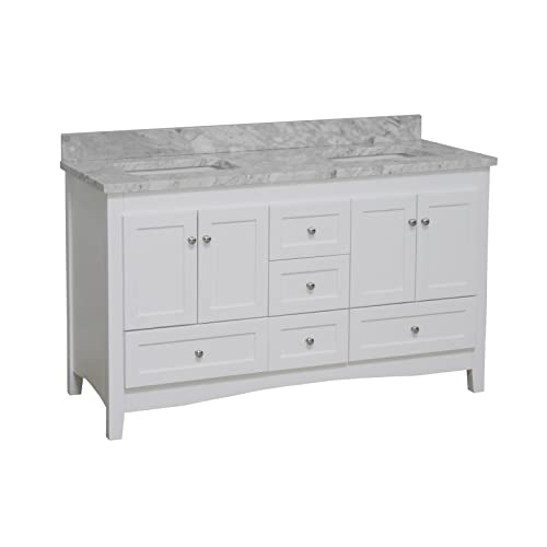 Kitchen Bath Collection Abbey 60-inch Double Bathroom Vanity (White/Carrara Marble): Includes White Cabinet with Authentic Italian Carrara Marble Countertop and White Ceramic Sinks