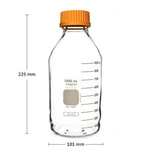 Pyrex Round Media Storage Bottle with GL45 Screw Cap - Borosilicate Glass Bottles with Caps - Premium Scientific Glassware for Labs, Classrooms or Home Use Glass Container 1L, 2/Pk