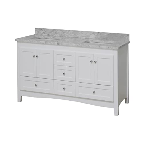 Kitchen Bath Collection Abbey 60-inch Double Bathroom Vanity (White/Carrara Marble): Includes White Cabinet with Authentic Italian Carrara Marble Countertop and White Ceramic Sinks