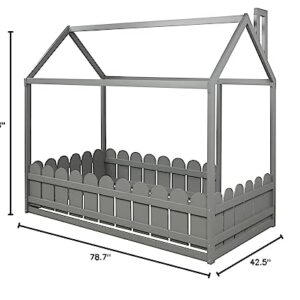 House Bed Frames with Pine Wood Roof and Fence for Kids, Teens, Boys or Girls, Box Spring Needed(Slats Kit Not Included) Platform, Twin, Gray