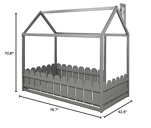 House Bed Frames with Pine Wood Roof and Fence for Kids, Teens, Boys or Girls, Box Spring Needed(Slats Kit Not Included) Platform, Twin, Gray