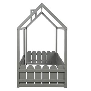 House Bed Frames with Pine Wood Roof and Fence for Kids, Teens, Boys or Girls, Box Spring Needed(Slats Kit Not Included) Platform, Twin, Gray