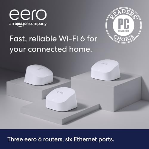 Amazon eero 6 mesh wifi system - Supports internet plans up to 500 Mbps, Coverage up to 4,500 sq. ft., Connect 75+ devices, 3-pack (3 eero 6 routers)