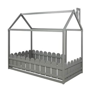 House Bed Frames with Pine Wood Roof and Fence for Kids, Teens, Boys or Girls, Box Spring Needed(Slats Kit Not Included) Platform, Twin, Gray